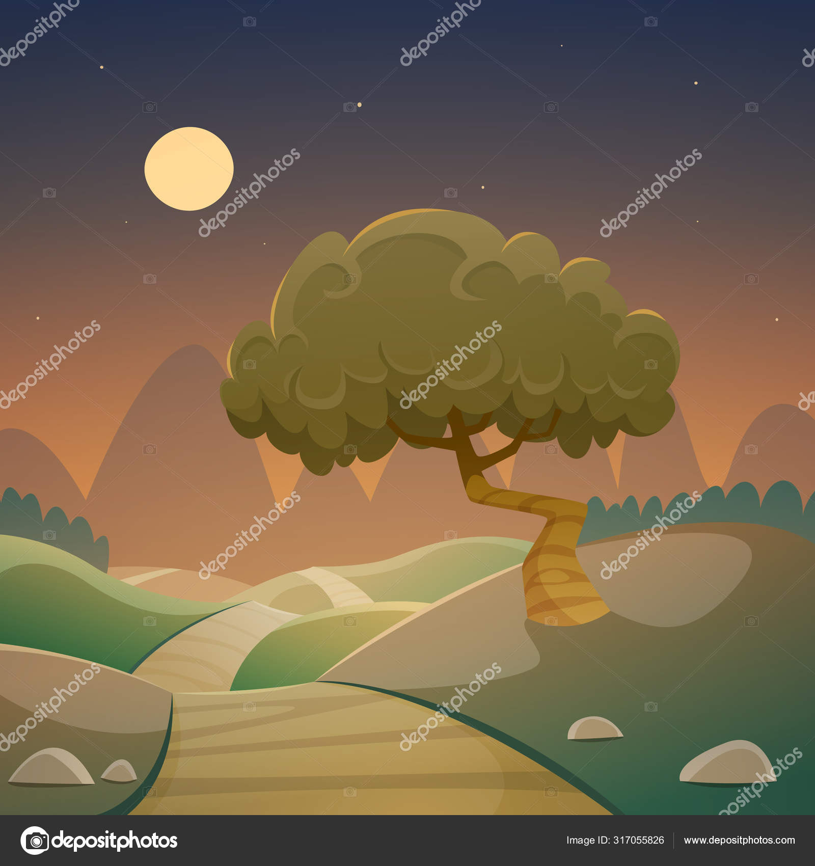 Cartoon Illustration Night Landscape Country Road Stock Vector Image by ...