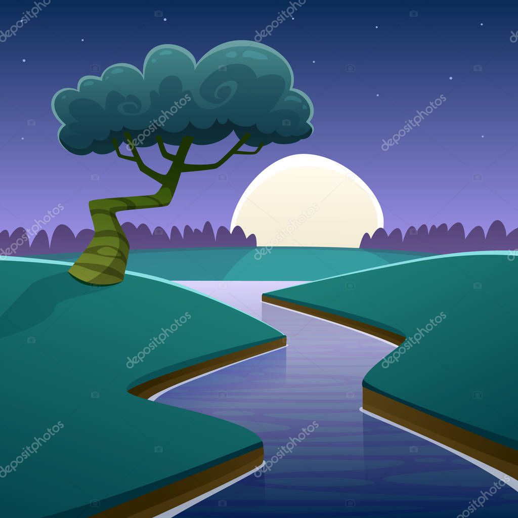 Dibujos animados ilustración del paisaje rural nocturno con río sobre ...