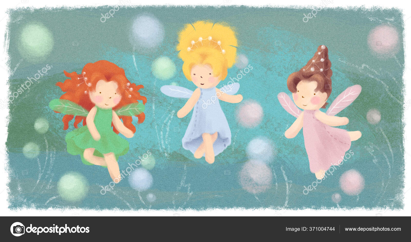 Garden Fairies greeting card on green backdrop. Three little princesses ...