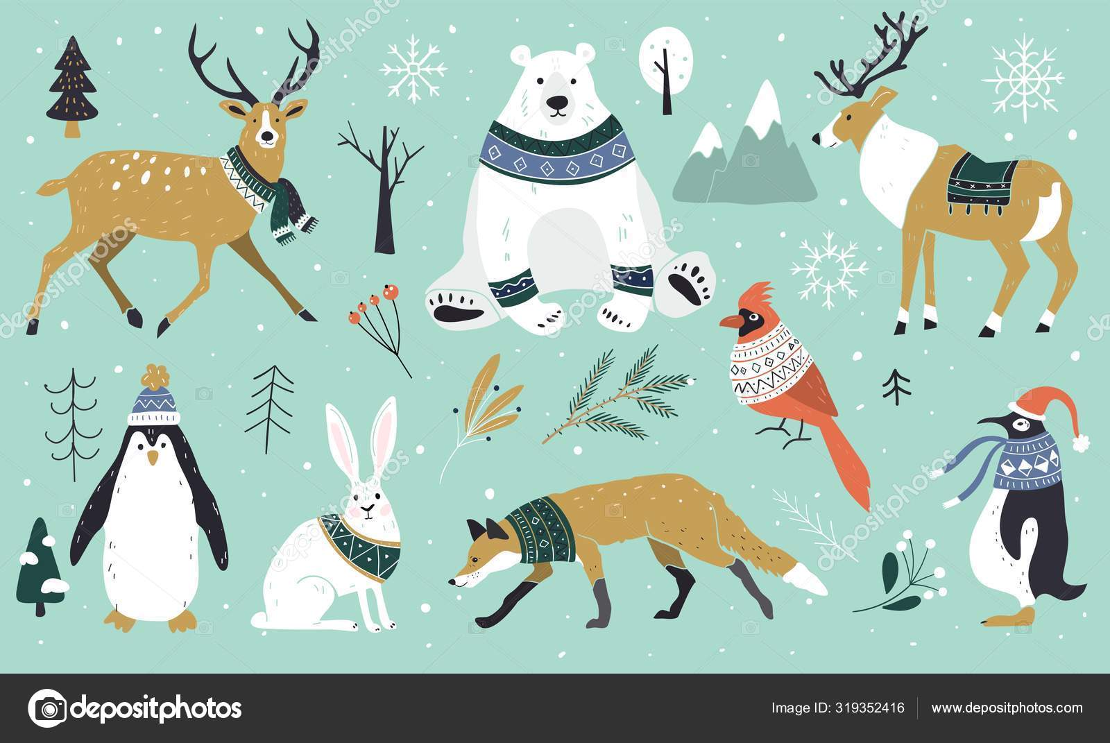 Set of Christmas animals in the forest, bear, fox, hare, reindeer ...