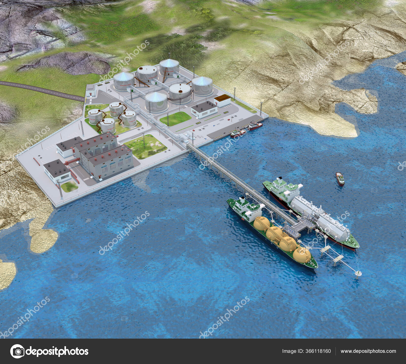 Seaport Two Tanker Ships Tug Boats Berths Overpass Shore Platform ...