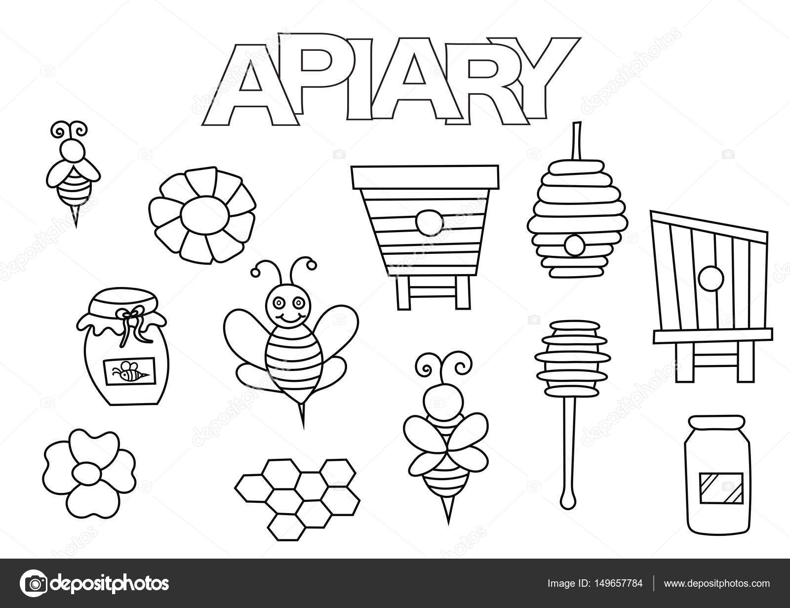 Apiary bees and honey elements hand drawn set. Coloring book template ...