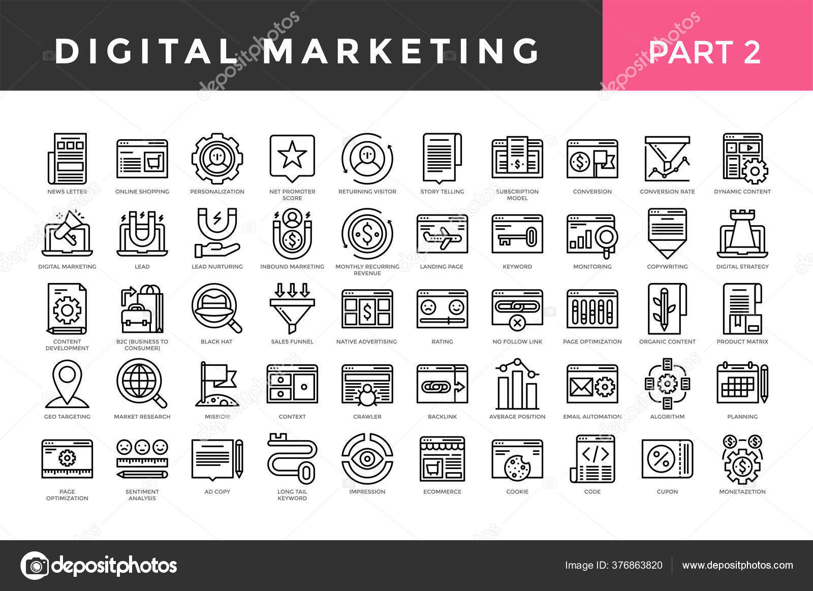 Iconos de marketing digital, estilo de línea delgada, juego grande ...