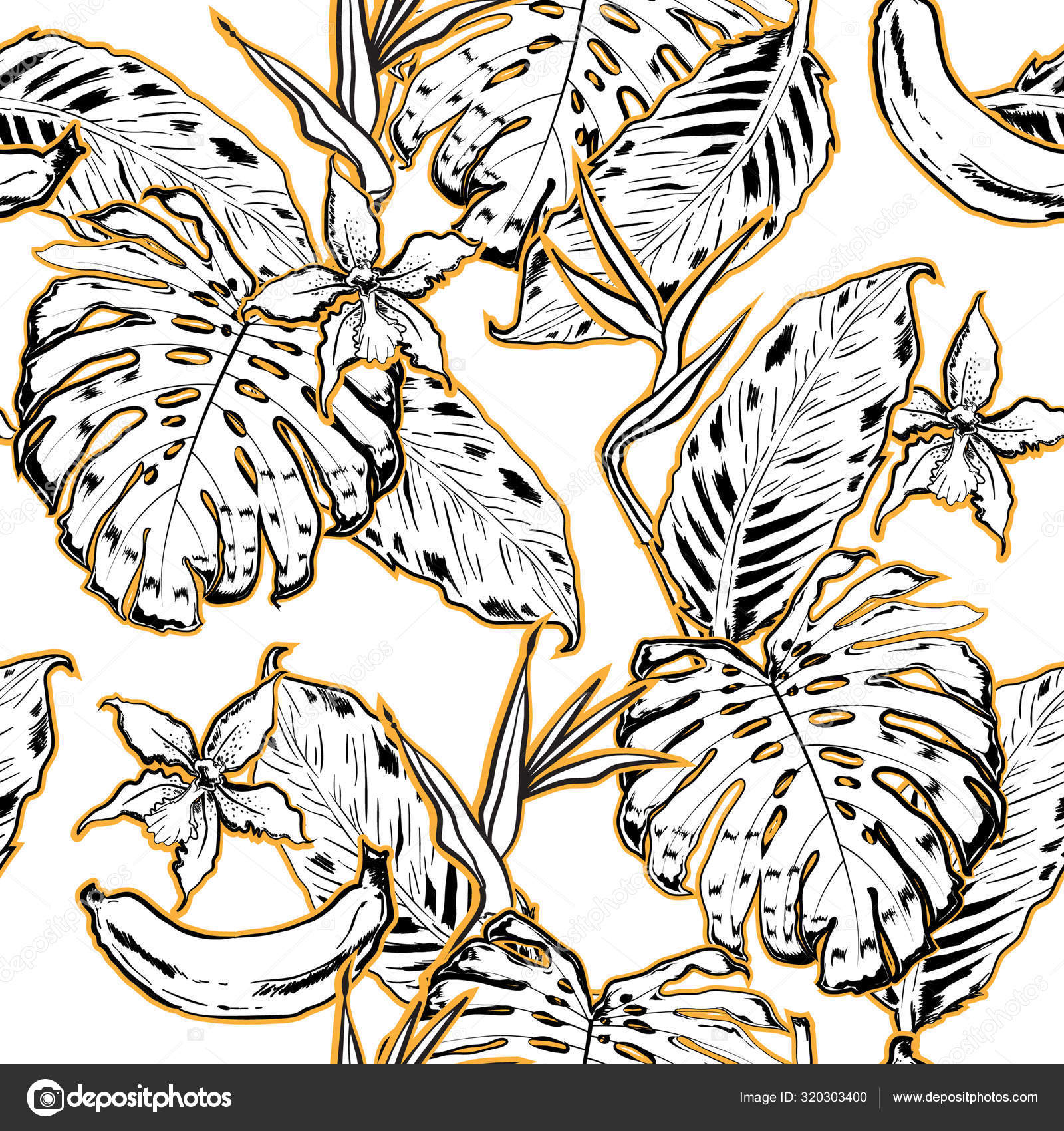 Outline hand drawing Exotic leaves seamless pattern. Tropical le Stock ...