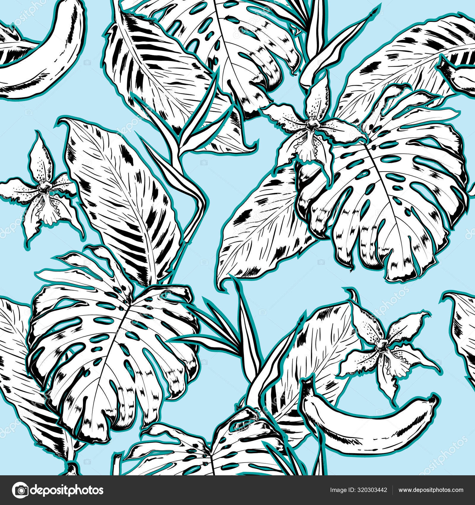 Outline hand drawing Exotic leaves seamless pattern. Tropical le Stock ...