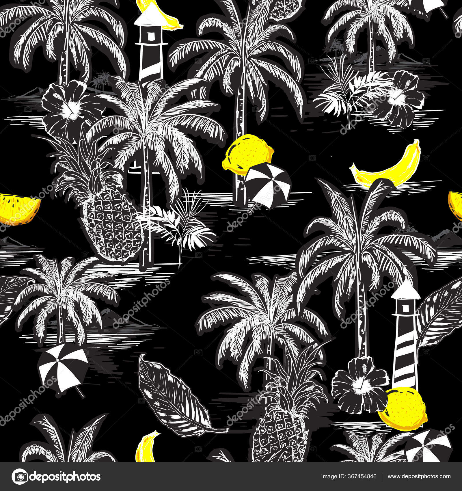 Dark Trendy Seamless Island Pattern Landscape Palm Trees Fruit Hibiscus ...