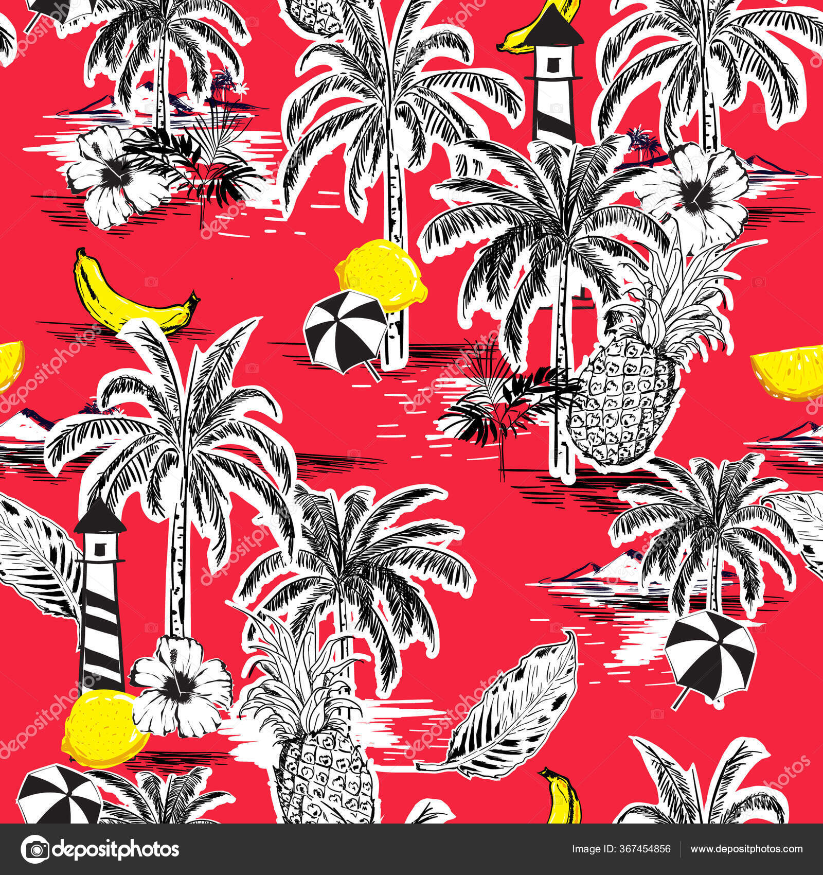Bright Summer Seamless Island Pattern Landscape Palm Trees Fruit ...