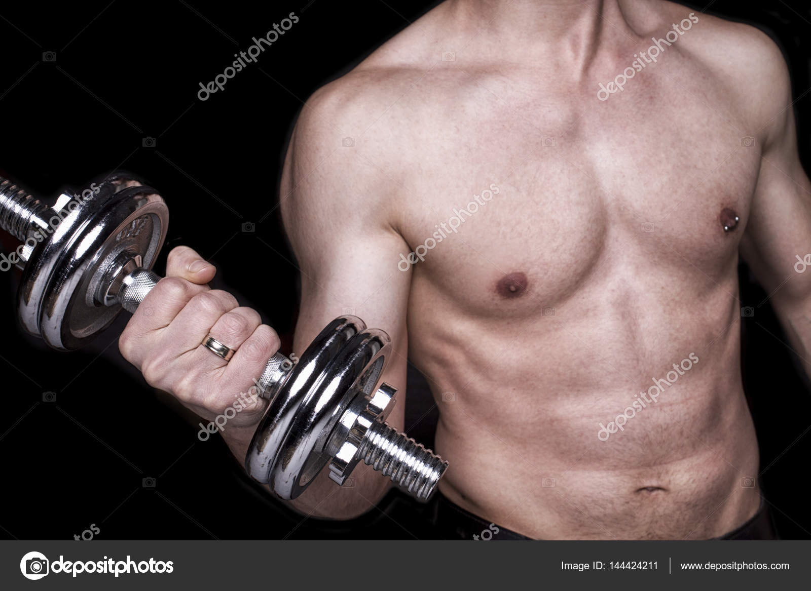 Fit Muscular Man Body Part Exercising Dumbbell Black Background Stock ...