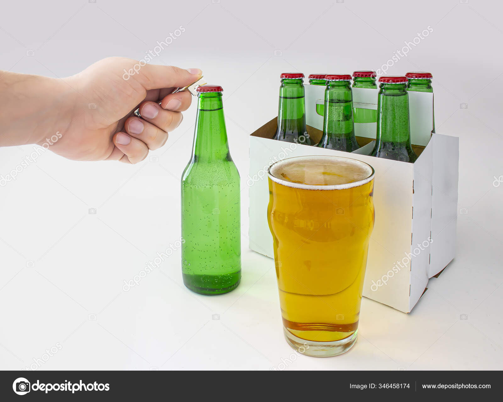 Person Opening Pilsner Style Lager Green Bottle Sic Pack Full — Stock ...