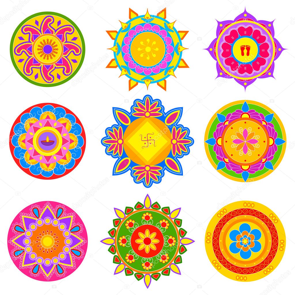 Collection of colorful rangoli pattern for India festival decoration ...