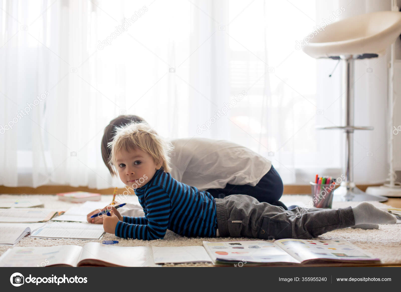 Child Doing School Work Floor Home While Quarantene Kid Homeschooling ...