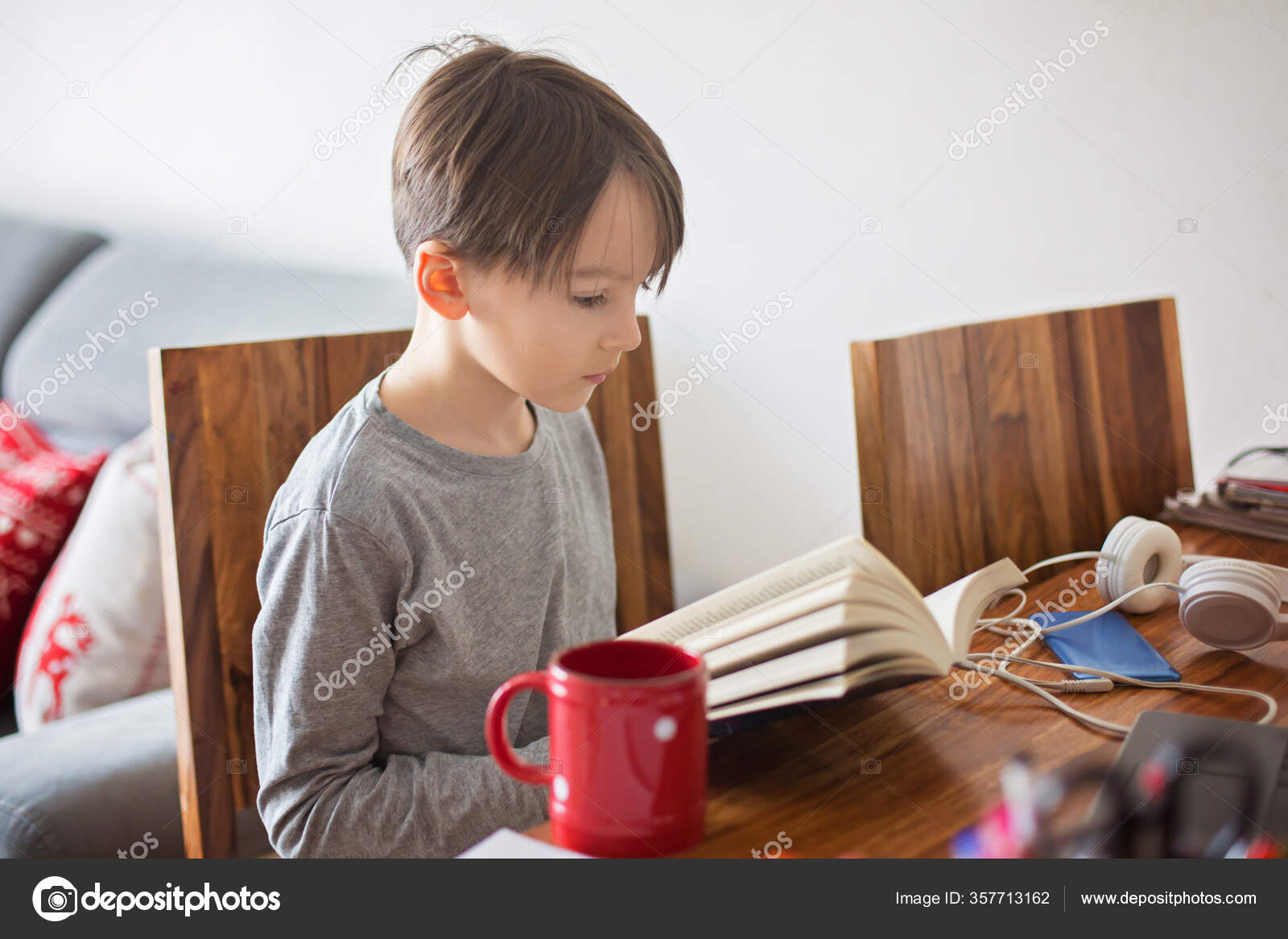 School Child Sitting Table Laptop Writing School Tasks While ...