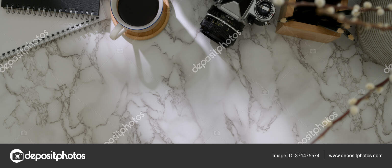 Overhead Shot Trendy Worktable Camera Coffee Cup Decorations Copy Space ...