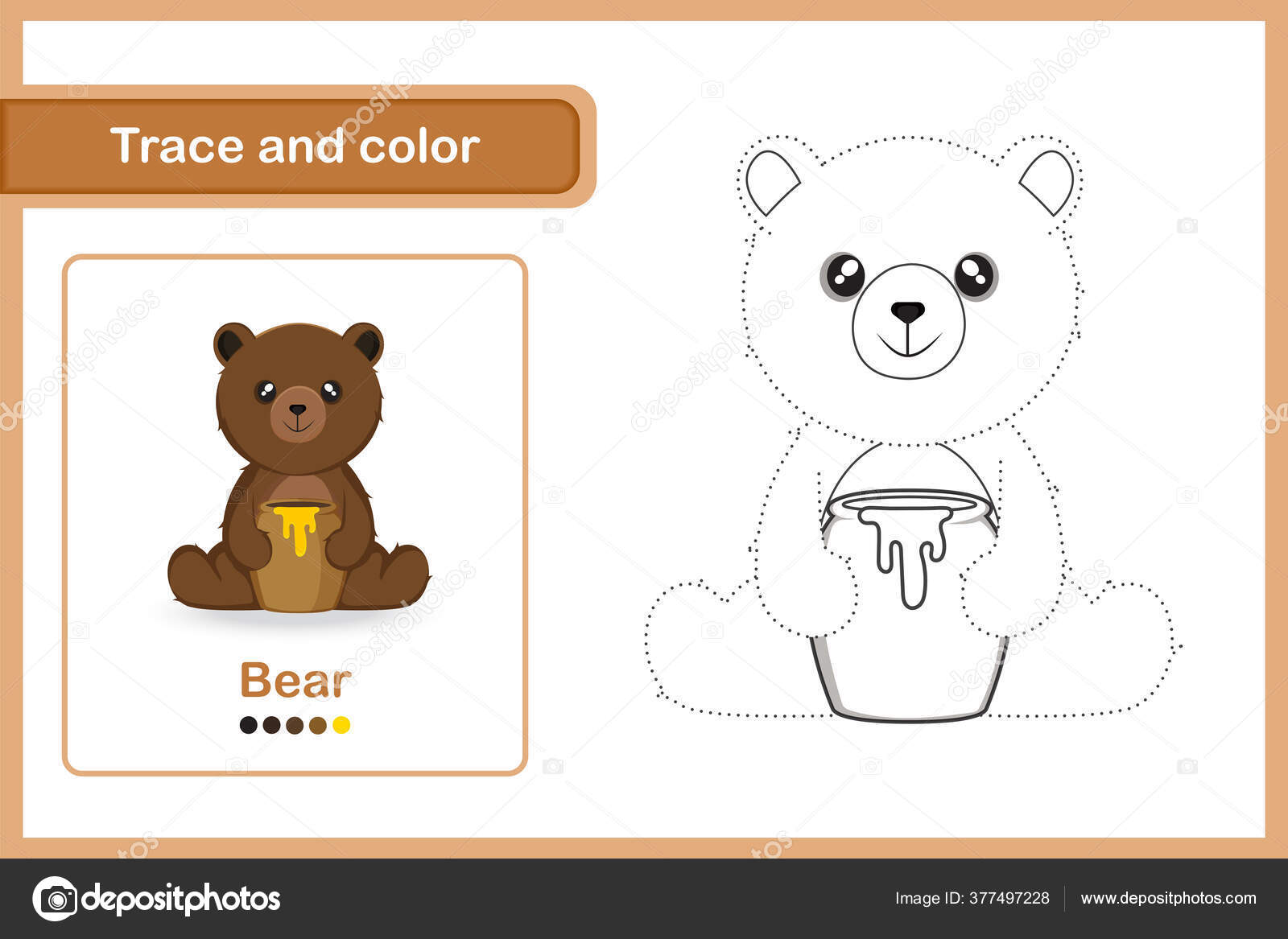 Drawing Worksheet Preschool Kids Trace Colour Bear Stock Vector Image ...