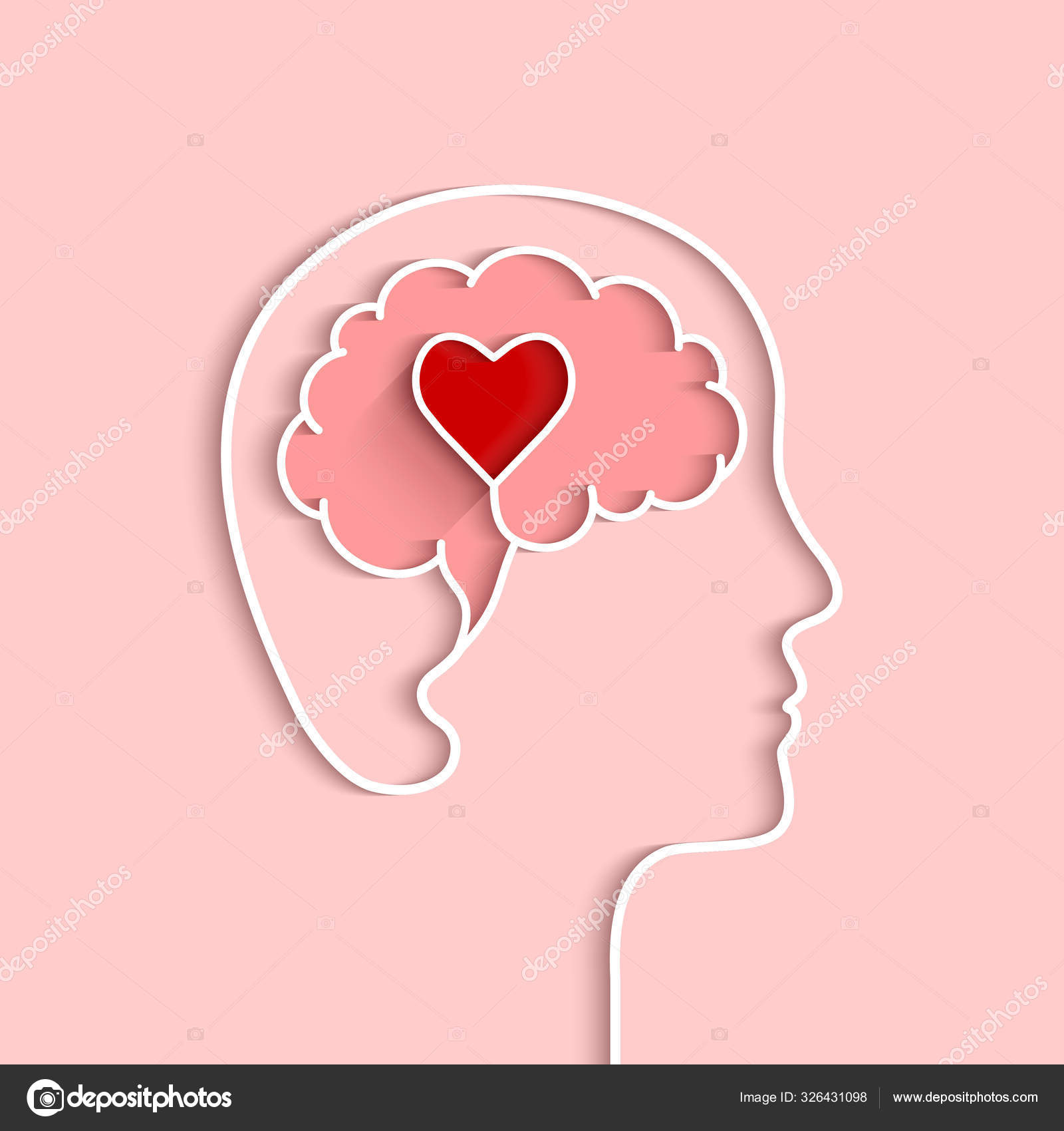 Head Brain Outline Heart Concept Vector Illustration Flat Design Shadow ...