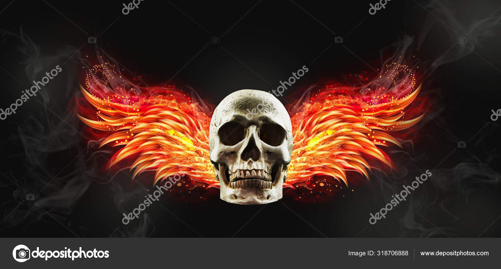 Flying human skull in with fire wings on dark background — Stock Photo ...