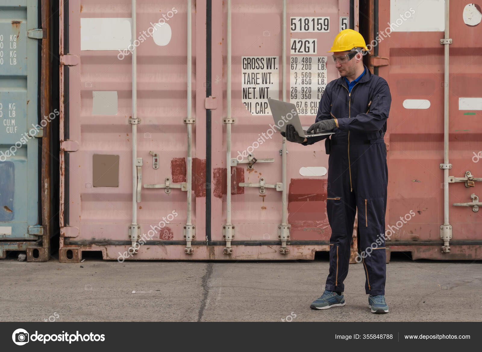 Caucasian Container Yard Cargo Inspector Work Checking Container ...