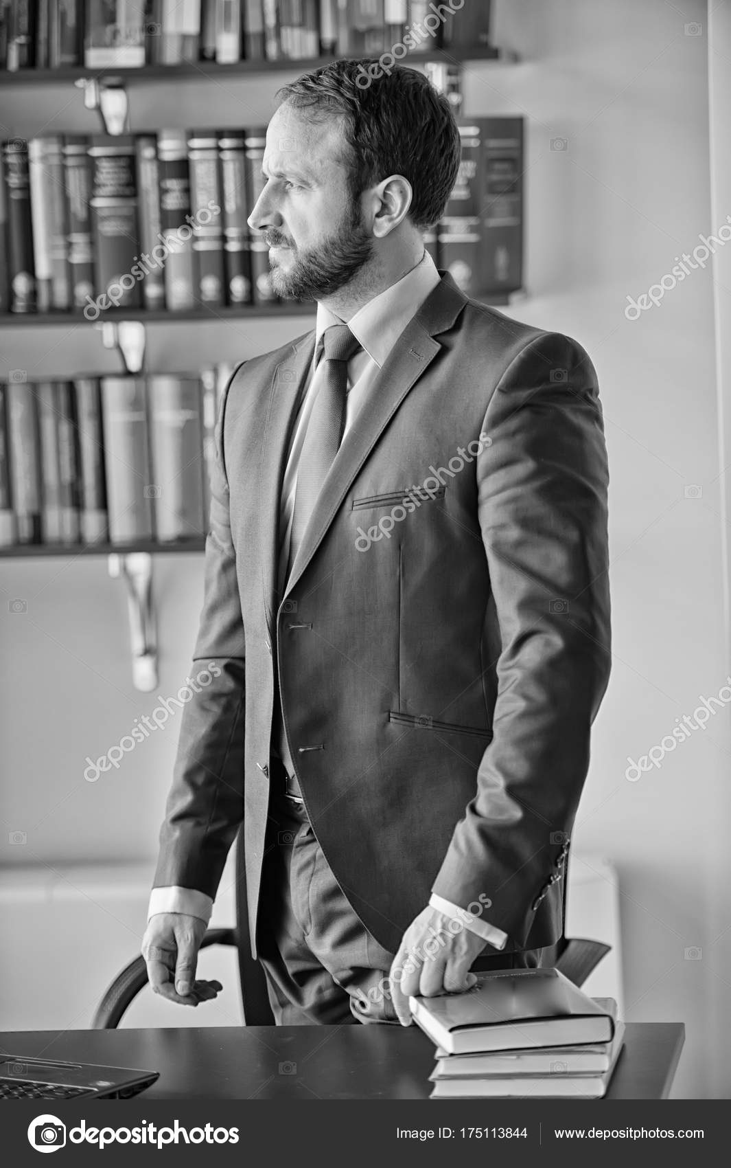 Man boss with beard in formal suit stand at workplace — Stock Photo ...