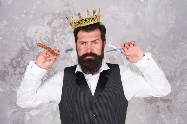 Cut and shave. Big barber boss in shaving. Big boss hold shaving razor ...