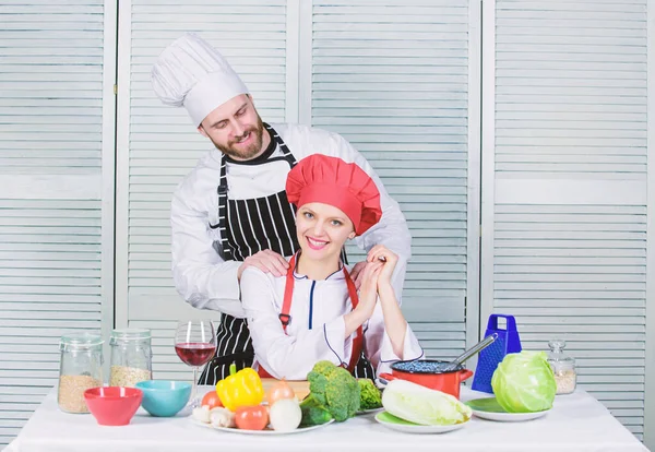 Woman and bearded man culinary partners. Ultimate cooking challenge ...