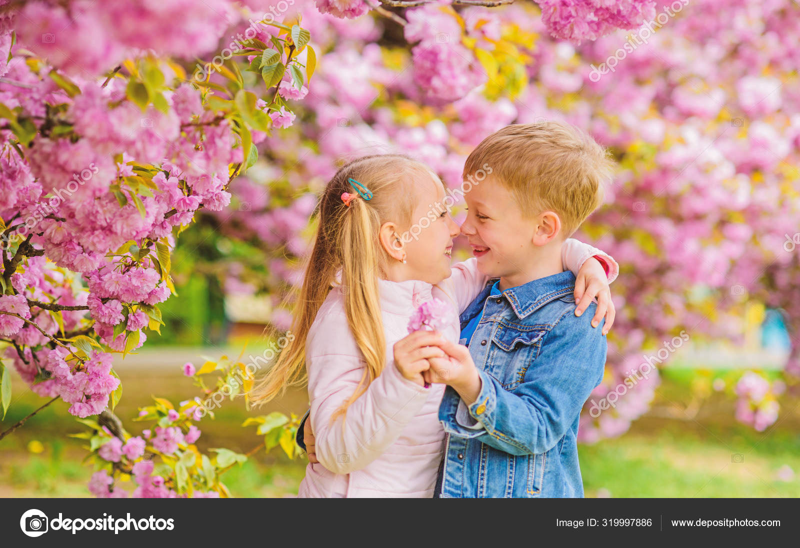 Romantic babies. Tender love feelings. Couple kids on flowers of sakura ...