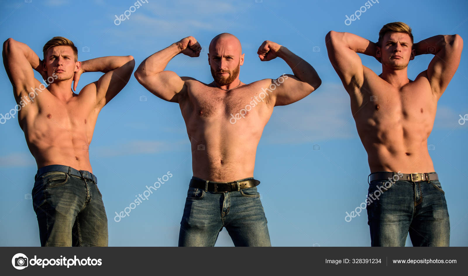 Showing abs and biceps. full of energy. Inspiring better health. three ...