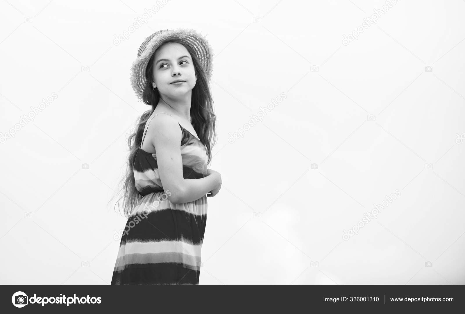 Cute lady model. happy childrens day. carefree child in summer dress ...