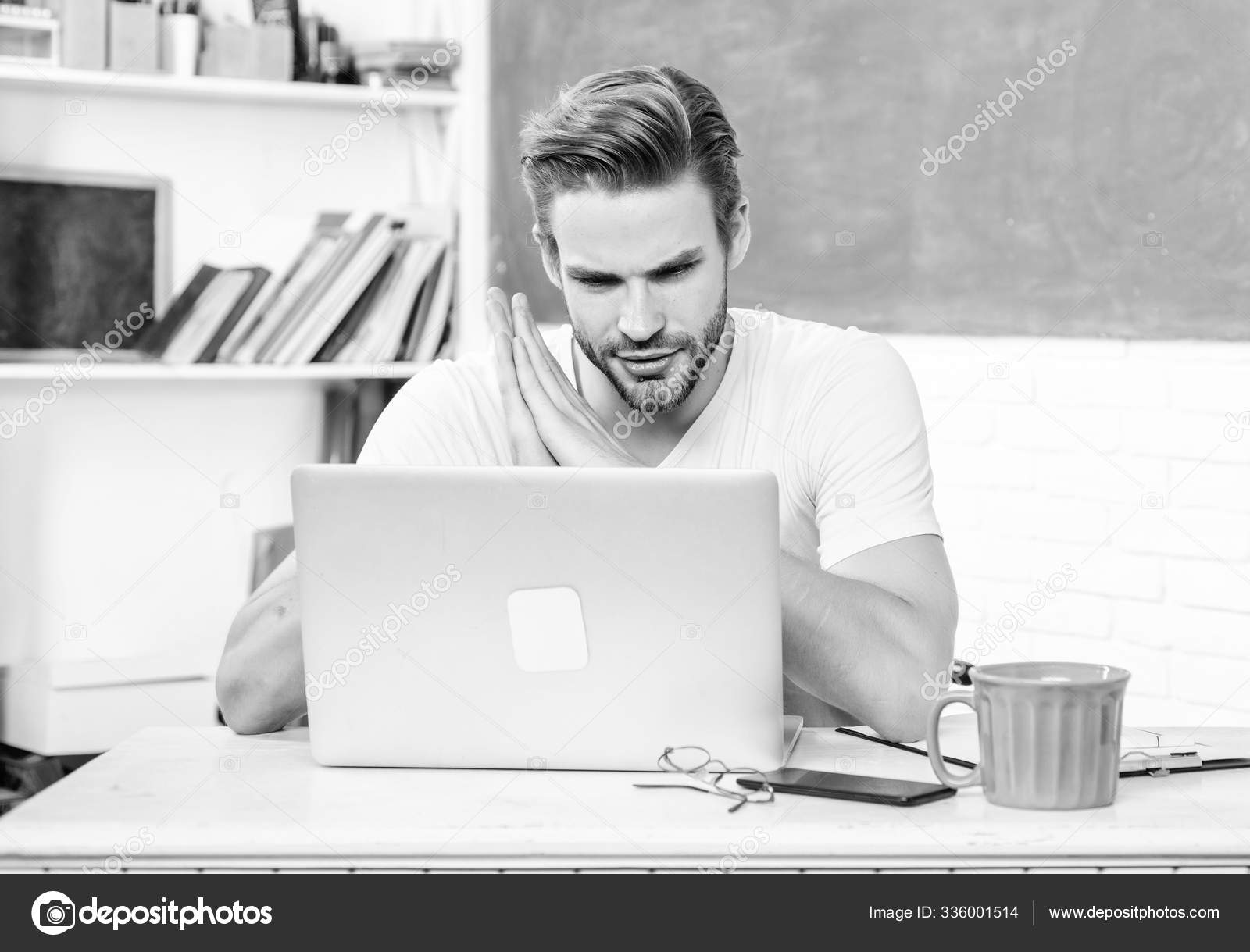 Handsome man use modern technology. Improve knowledge. Student learn ...