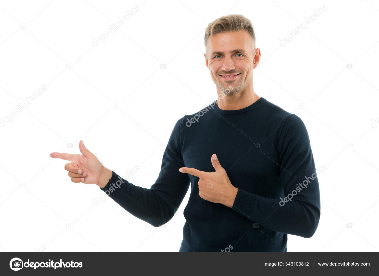 Your logo. Happy man pointing fingers isolated on white. Handsome guy ...