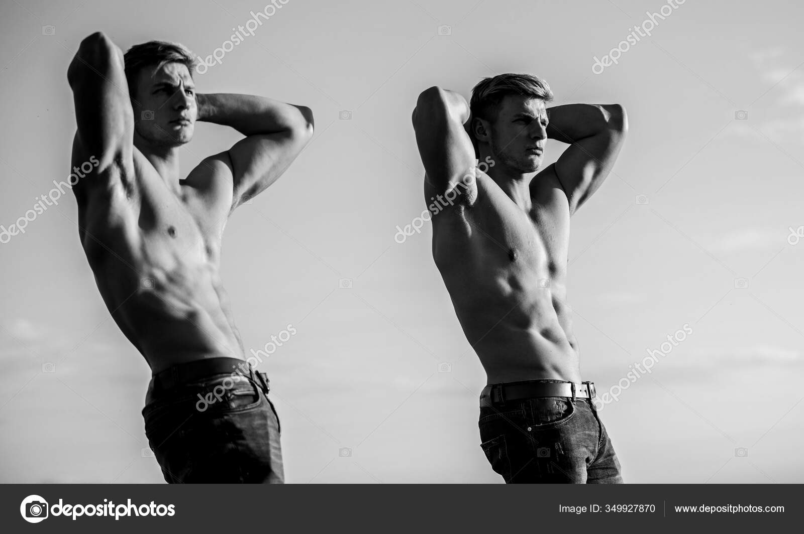 Double power. Muscular twins. Men brothers muscular guys sky background ...