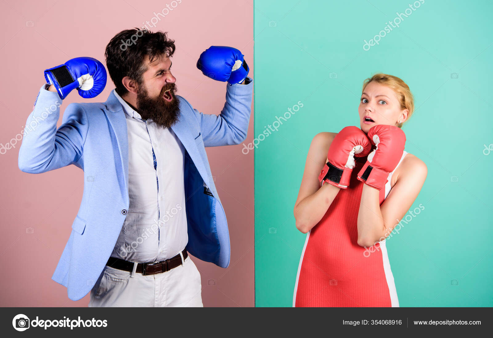 Couple romantic relationships. Boxers fighting gloves. Difficult ...
