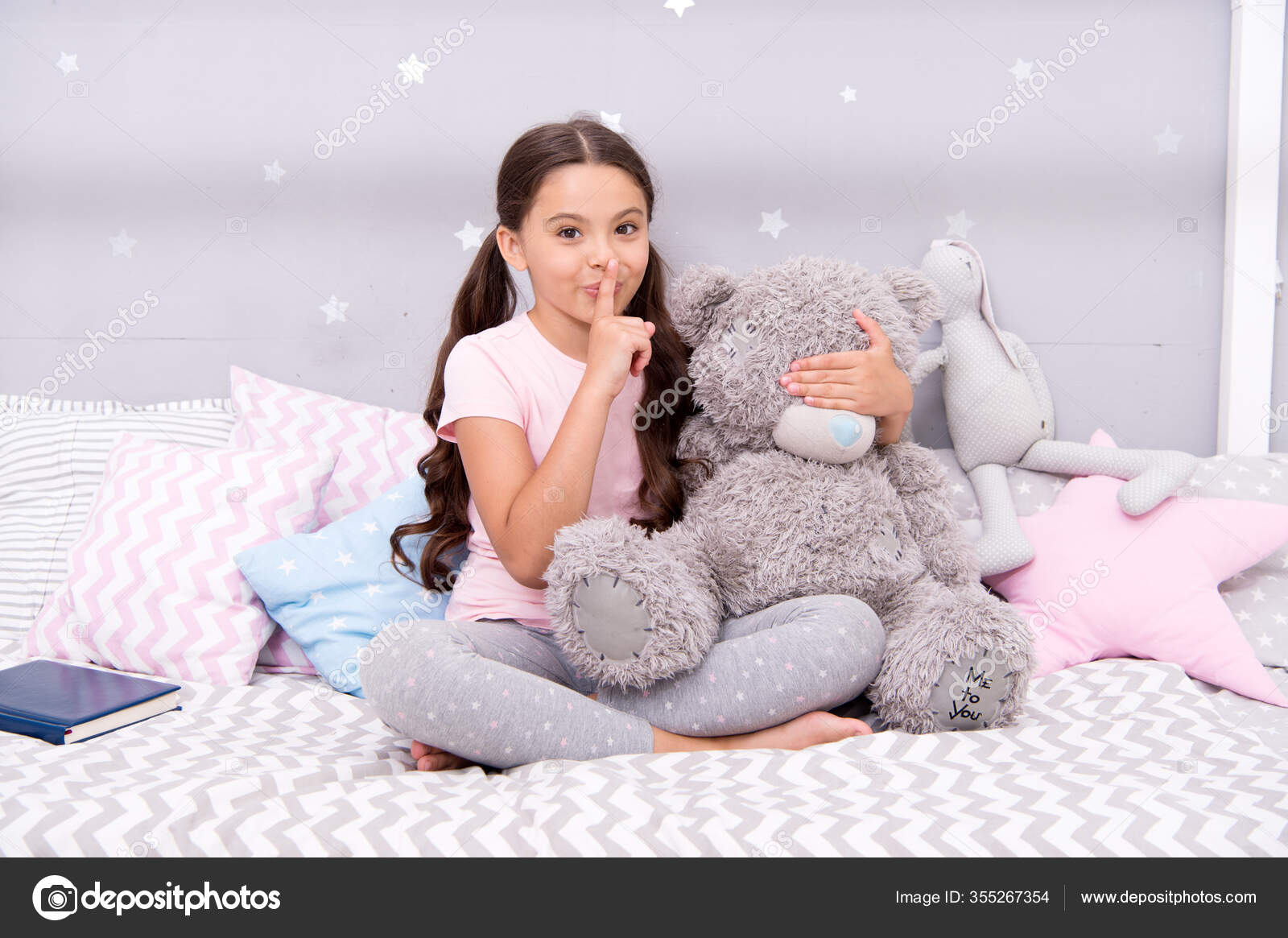 Girls secret. Cute kid show silence finger gesture. Little secret ...