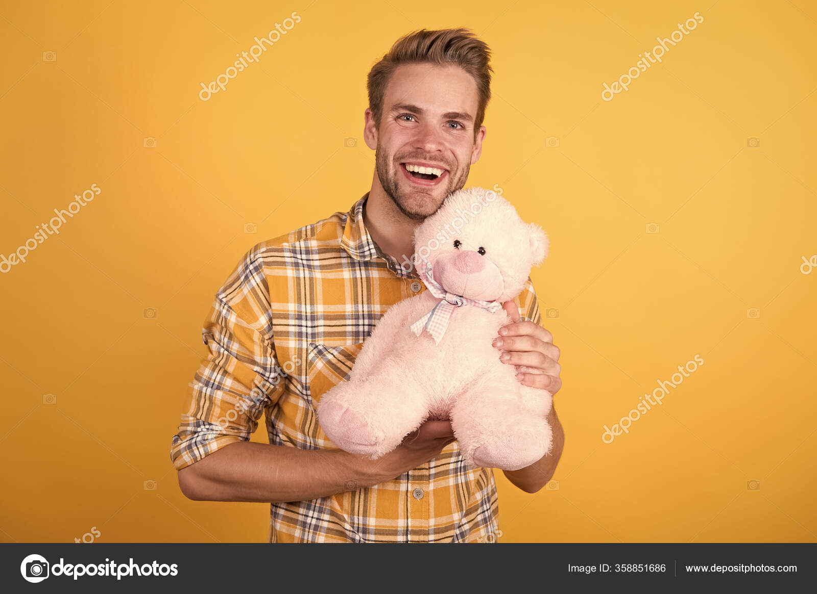 Valentines day gift. Man hug soft toy. Make surprise concept. Cute and ...