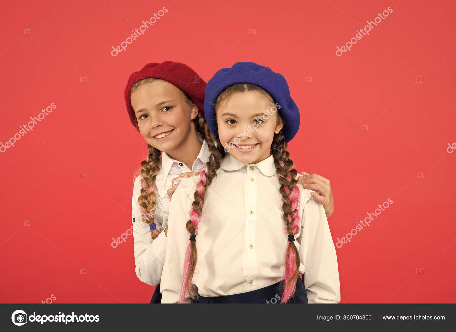 School friends. Happy small girls friends on pink background. Adorable ...