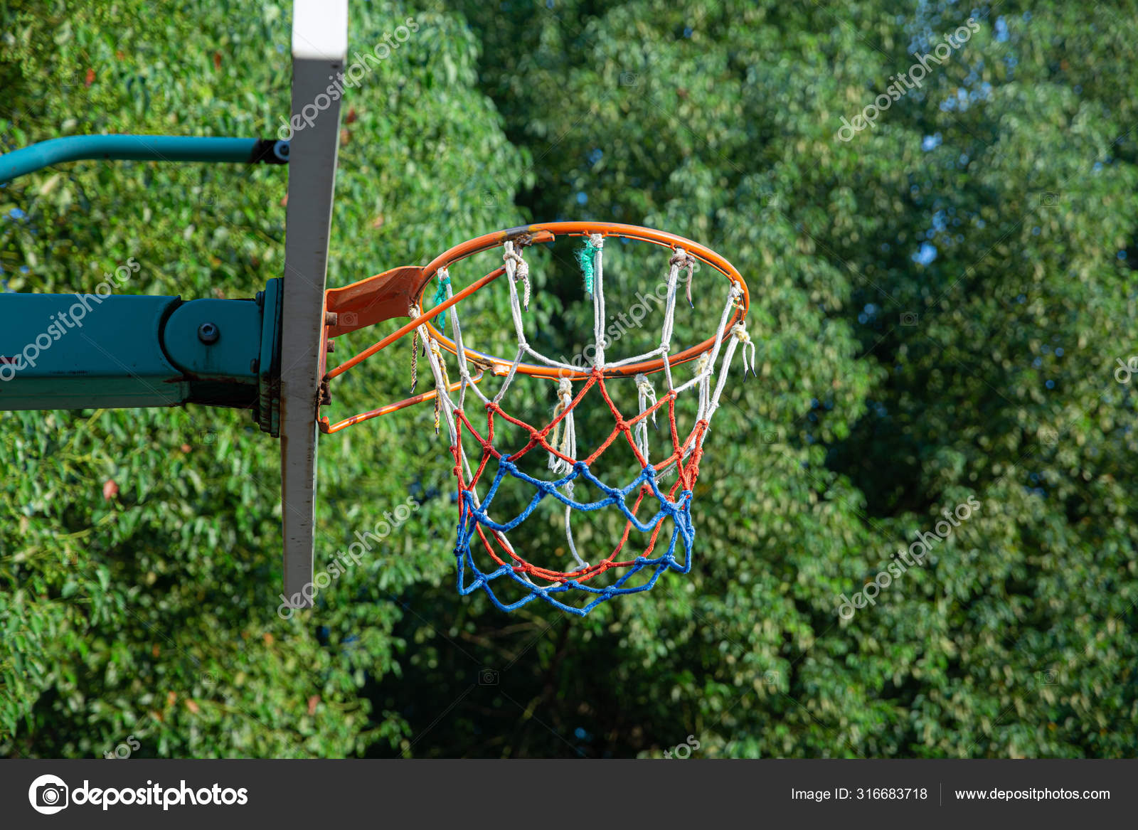 Basketball Hoop Colored Net Blue Sky White Clouds — Stock Photo ...