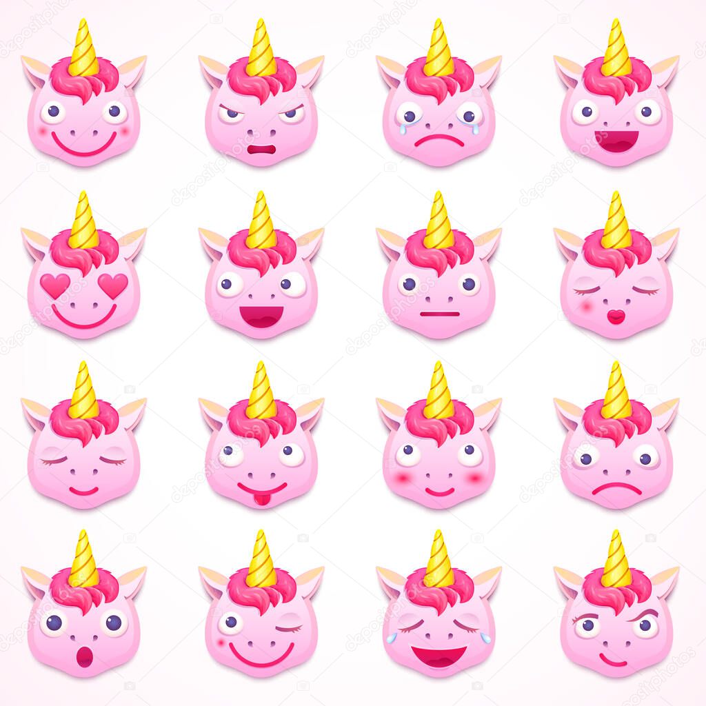 Conjunto de emoji lindo unicornio rosa, cara de personaje con ...