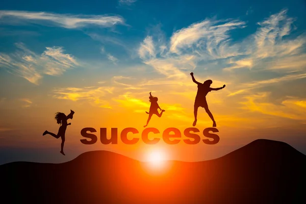 Silhouette cheerful people jumping on mountain, success concept - Stock ...