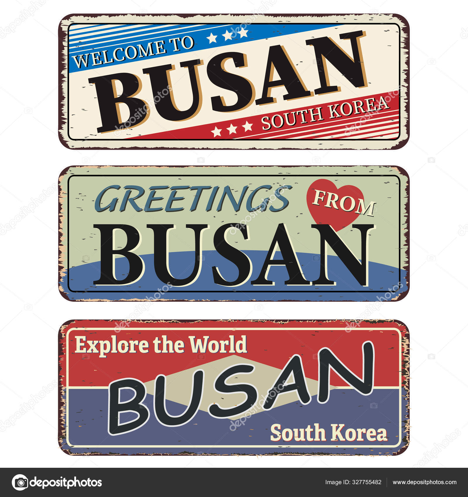 Busan blue square grunge welcome to rusty metal signs set Stock Vector ...