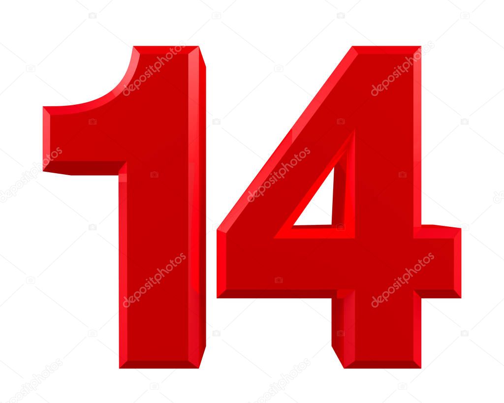 Números rojos 14 sobre fondo blanco ilustración 3D renderizado 2024