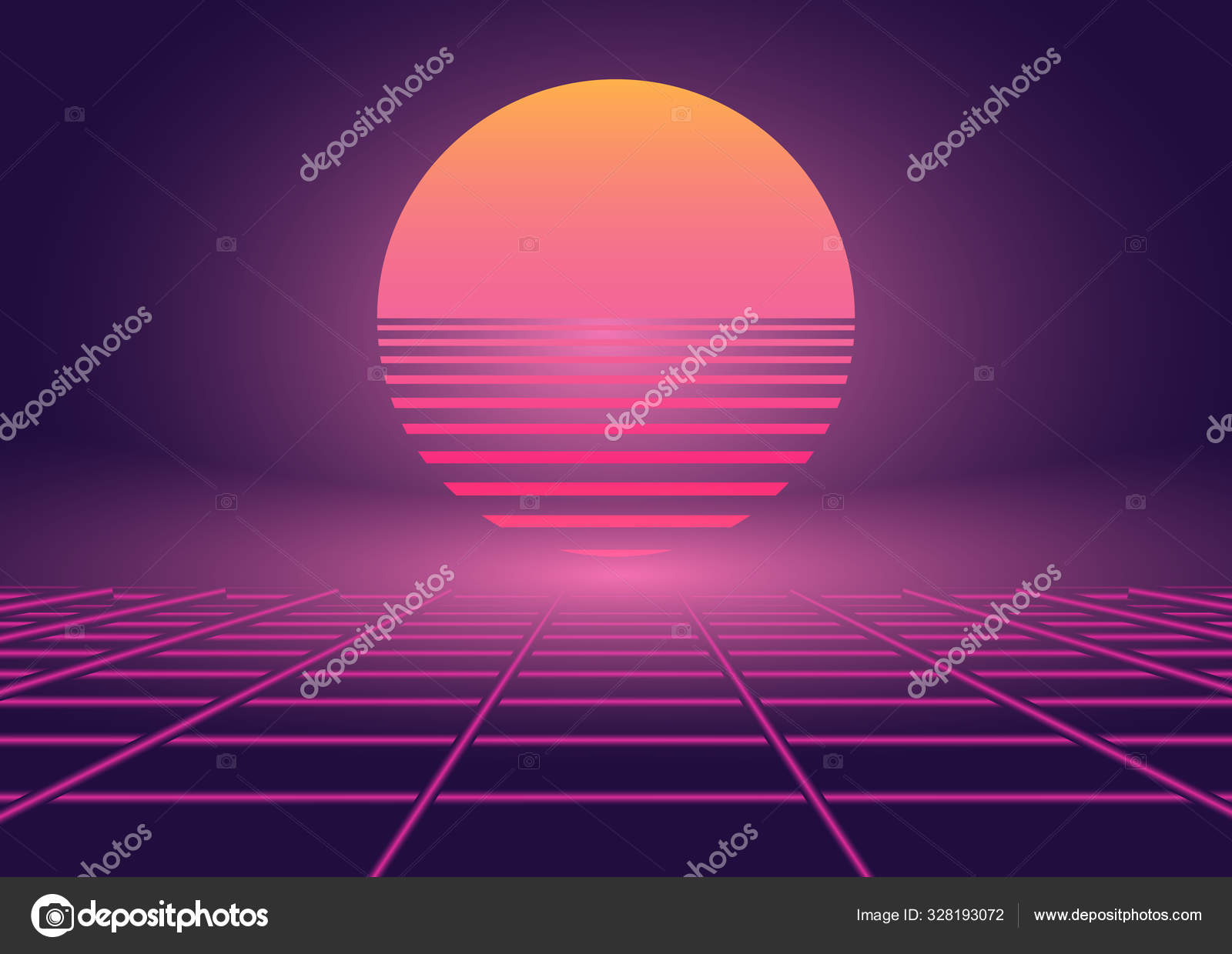 80S Retro Wave Neon Landscape Lines Sunset Stock Photo by ...