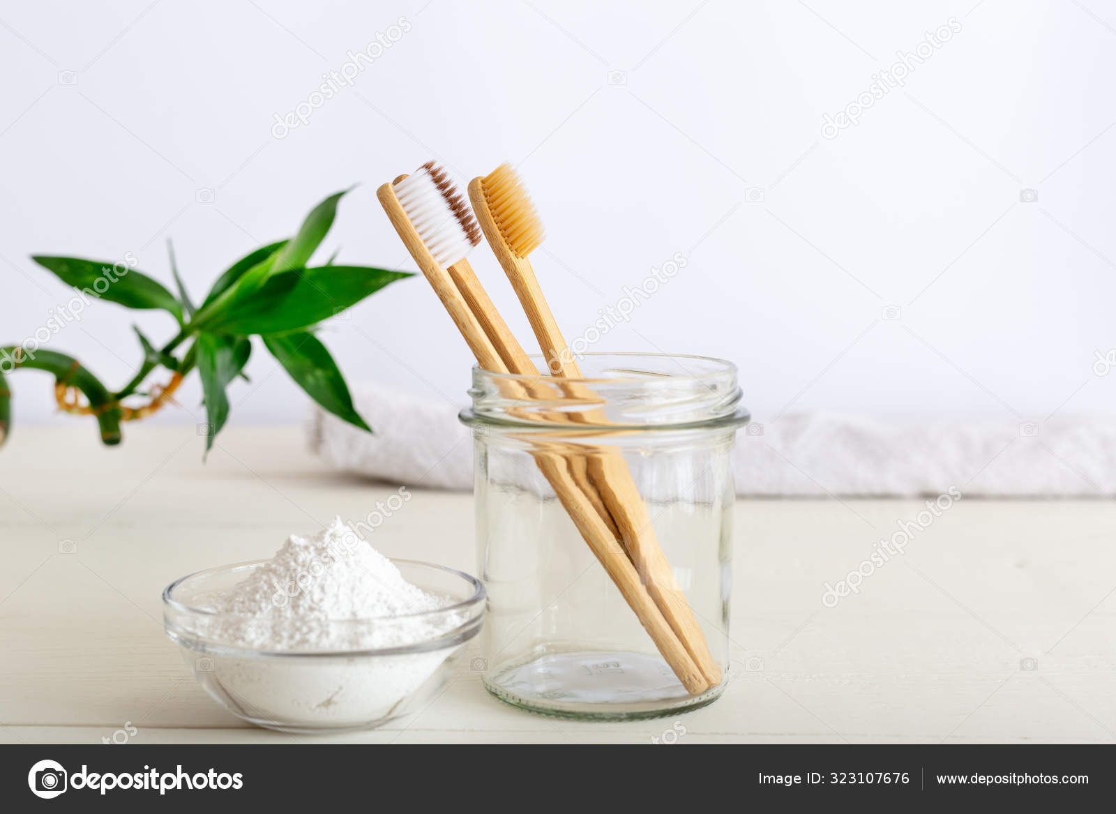 Bamboo toothbrushes, dentifrice tooth powder on white background ...