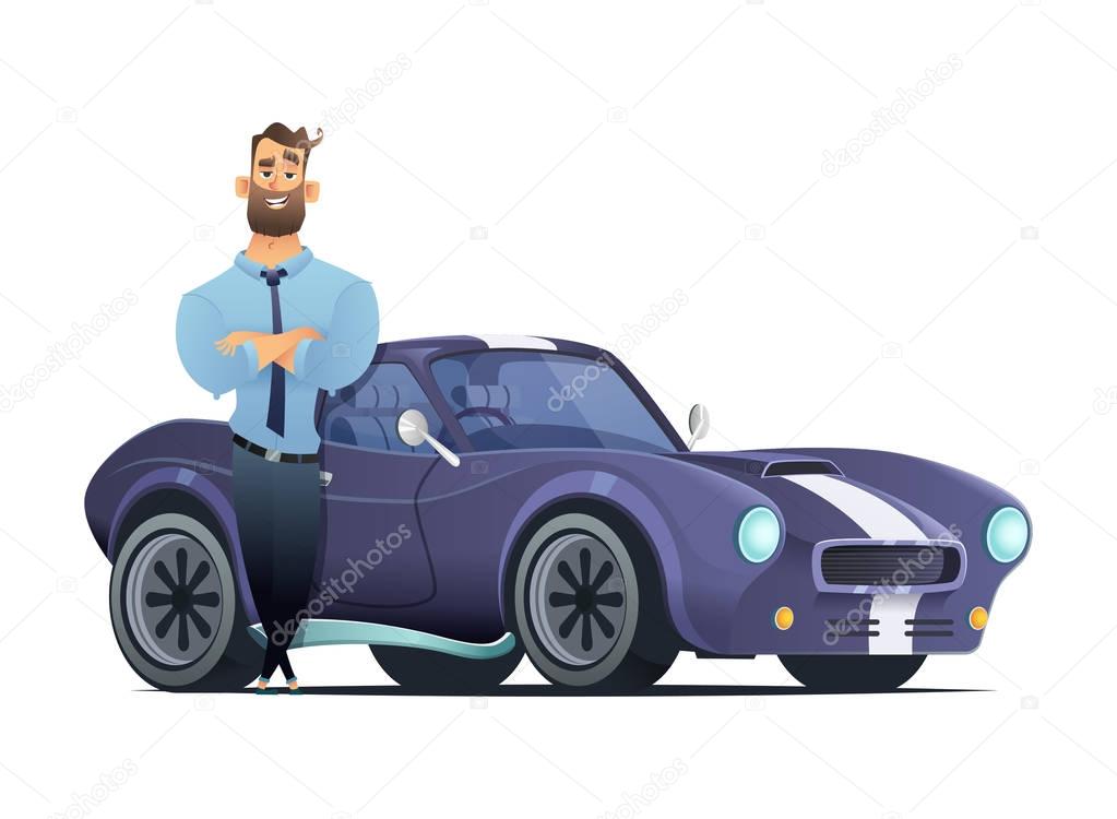 Un hombre exitoso parado frente a un auto deportivo. Vendedor o ...