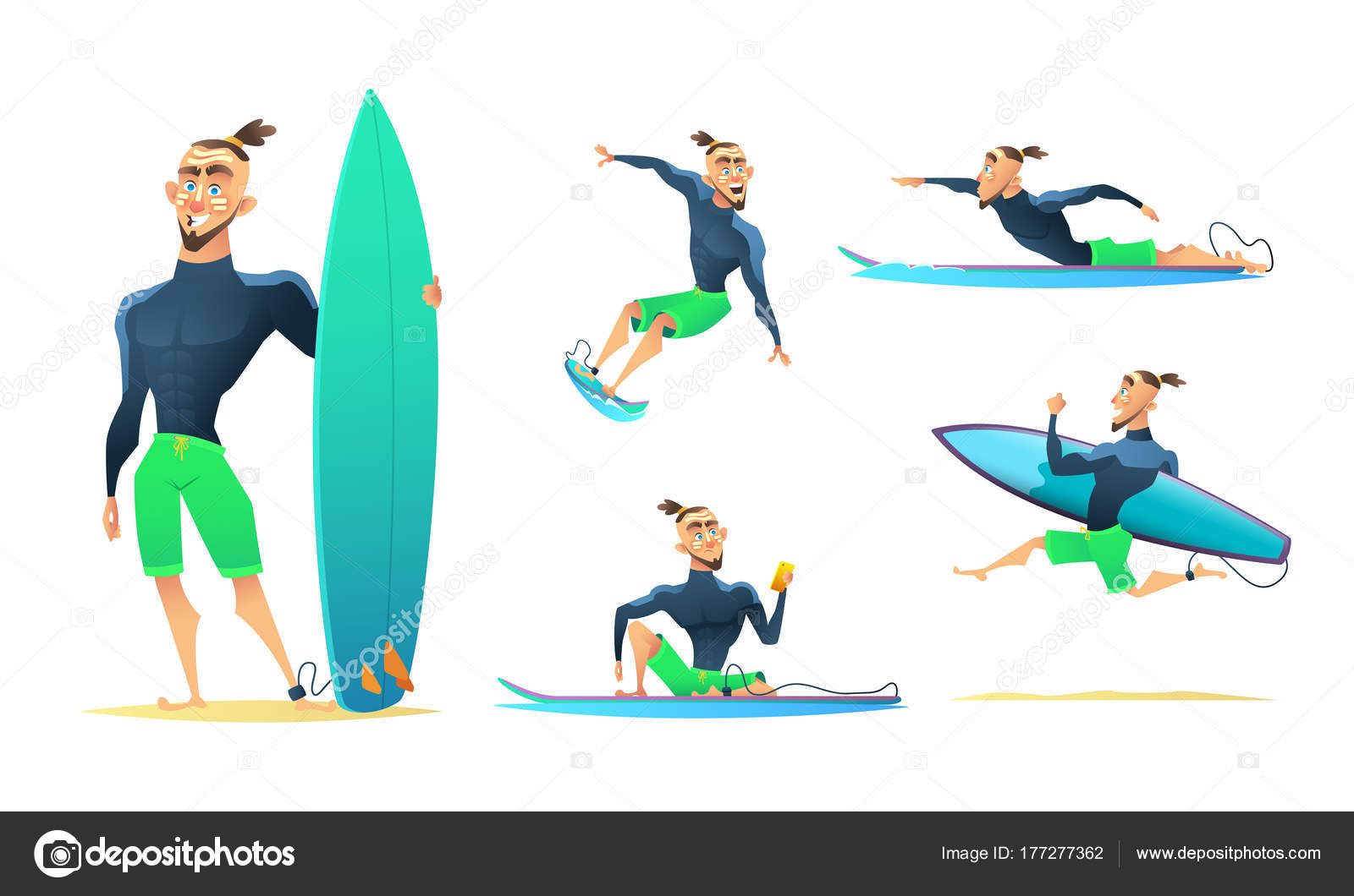 Surfer in different dynamic poses, standing, running, floating, surfing ...