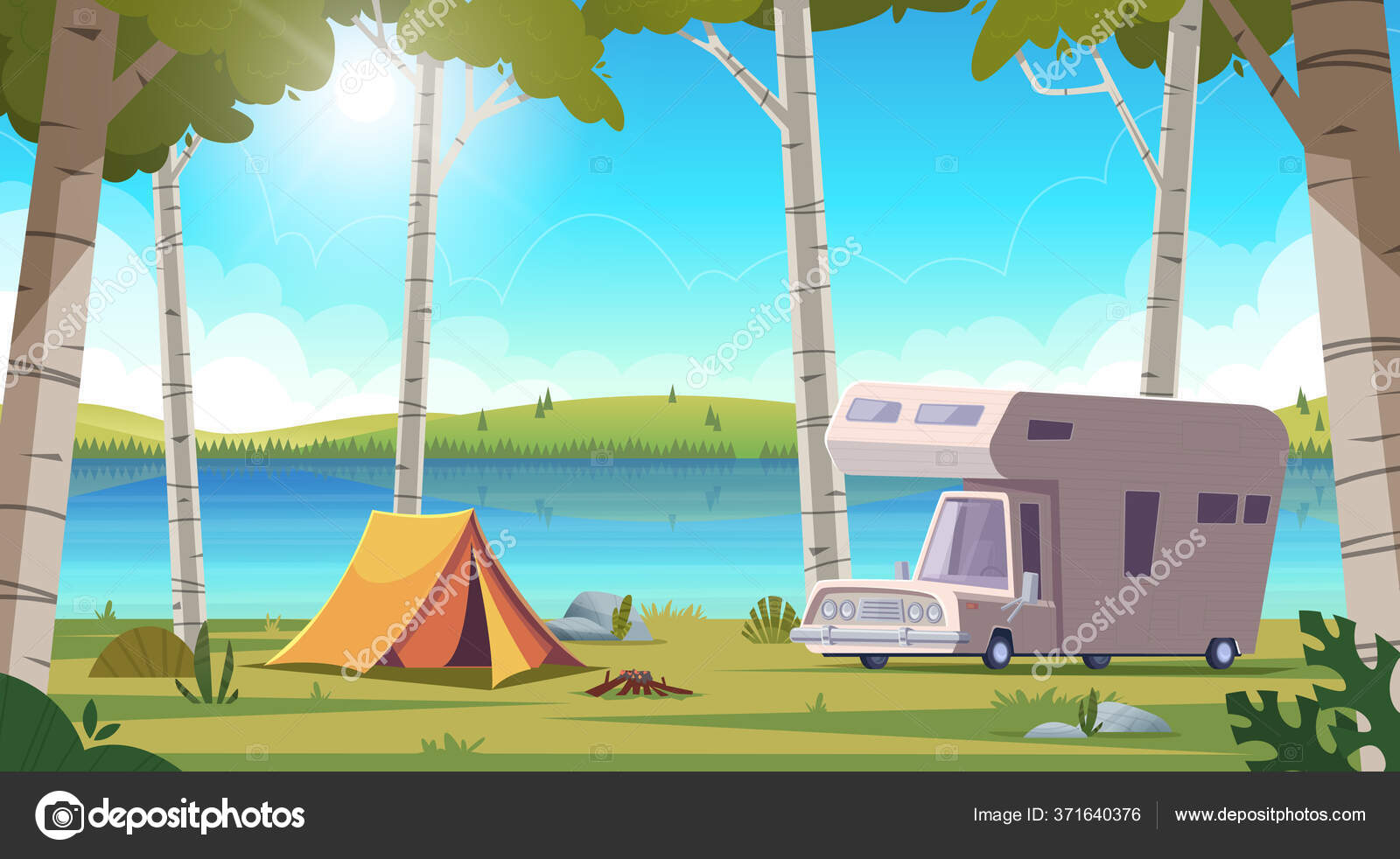 Summer landscape with birch trees and blue lake view and camping ...