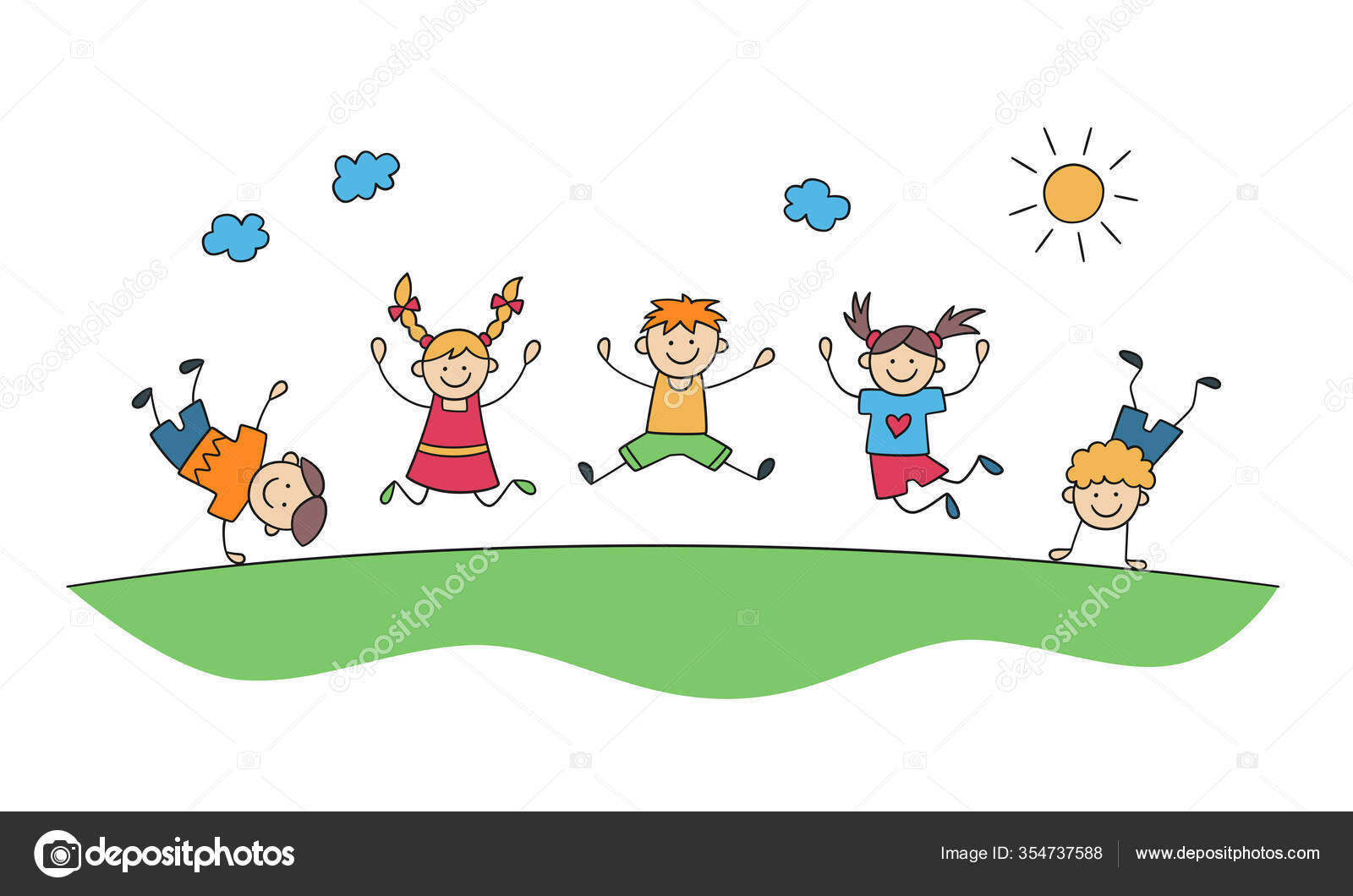 Kinder springen zusammen. Lustige hüpfende Kinder. Glückliche Kindheit ...