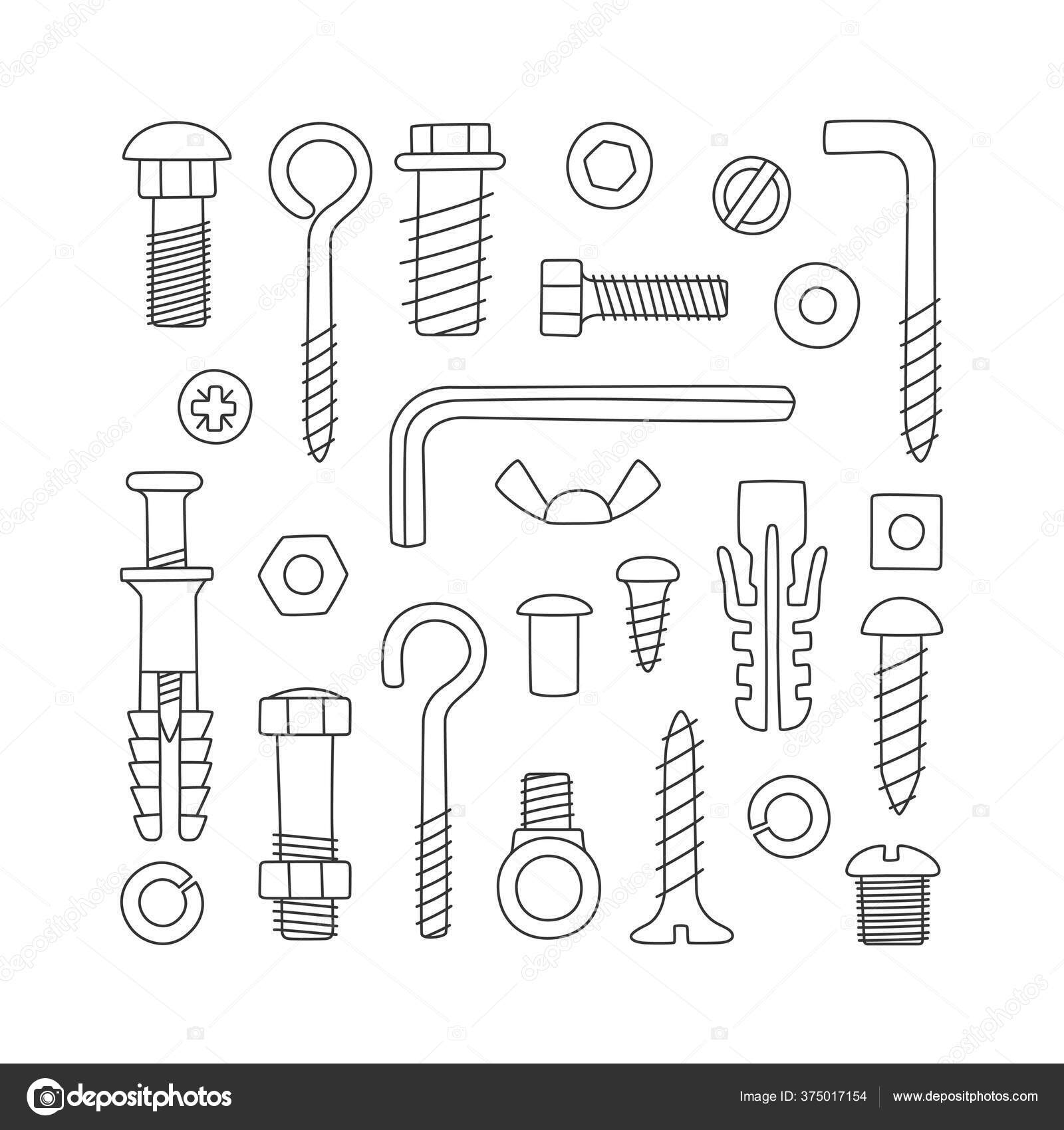 Set of fasteners. Bolts, screws, nuts, dowels and rivets in doodle ...