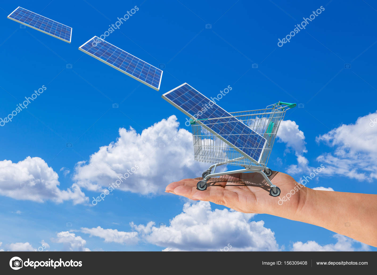 Solar panel in shopping trolley cart on women hand with photovoltaics ...