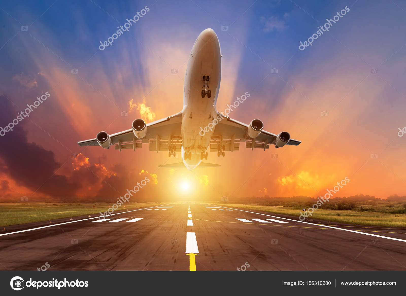 Airplane Take Off In Sunrise