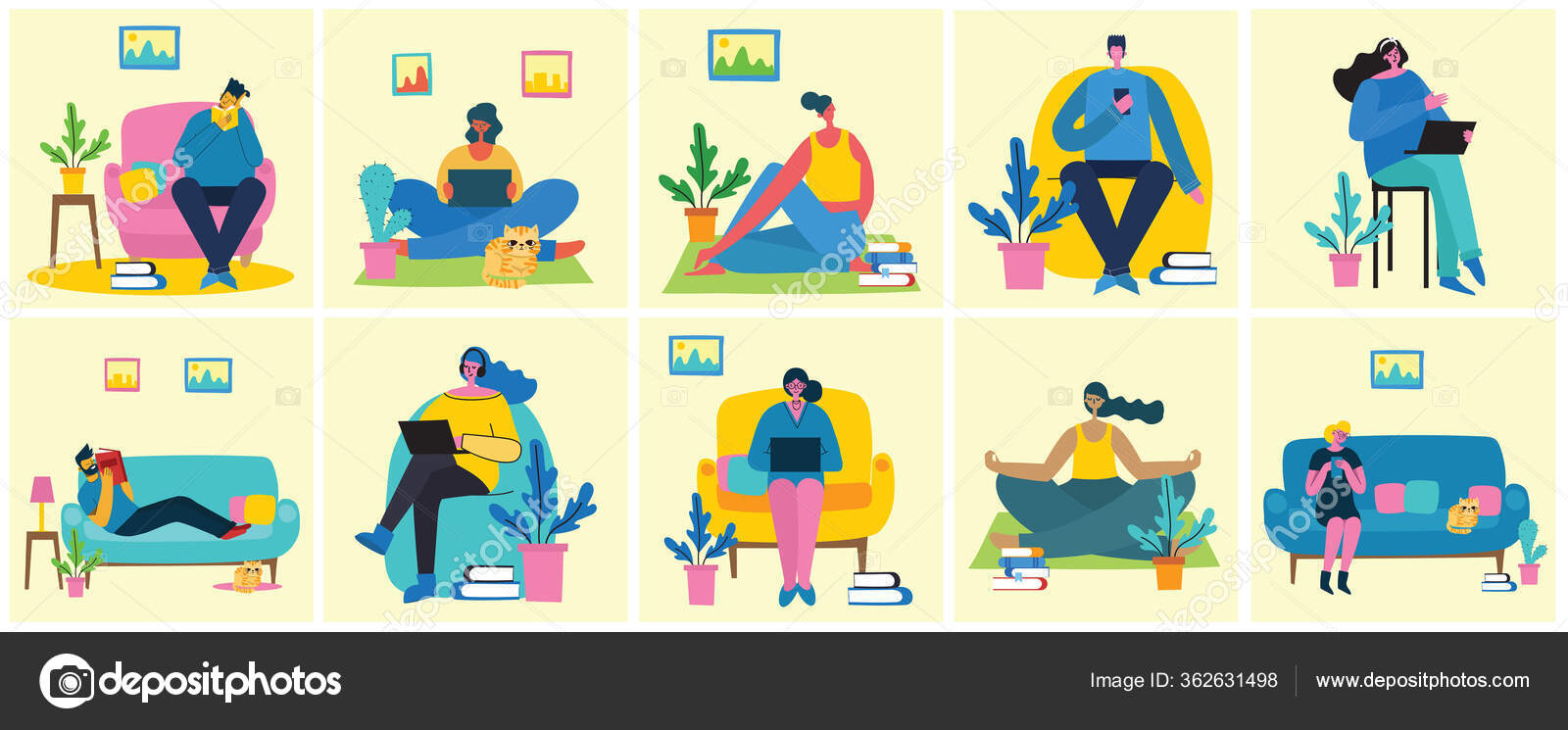 Stay Home Vector Illustration Cartoon Characters Working Home Covid ...