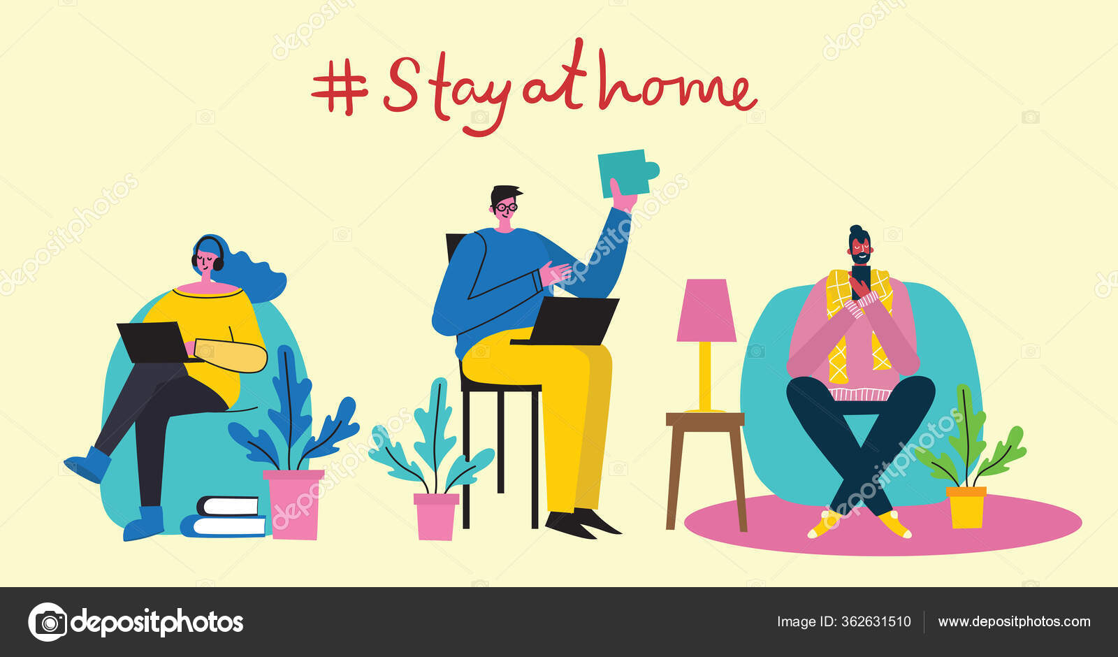 Stay Home Vector Illustration Cartoon Characters Working Home Covid ...